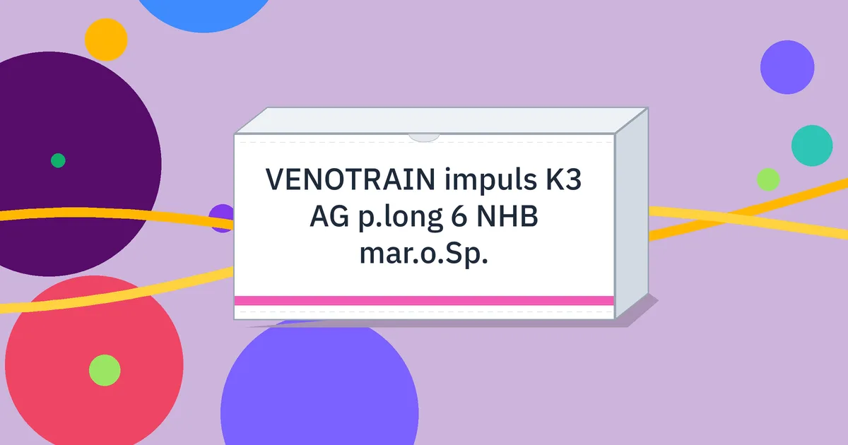 Symbolbild: Packung mit der Aufschrift VENOTRAIN impuls K3 AG p.long 6 NHB mar.o.Sp. (PZN 15215781) – Verfügbarkeit und Bezug in Apotheken in Frankfurt am Main