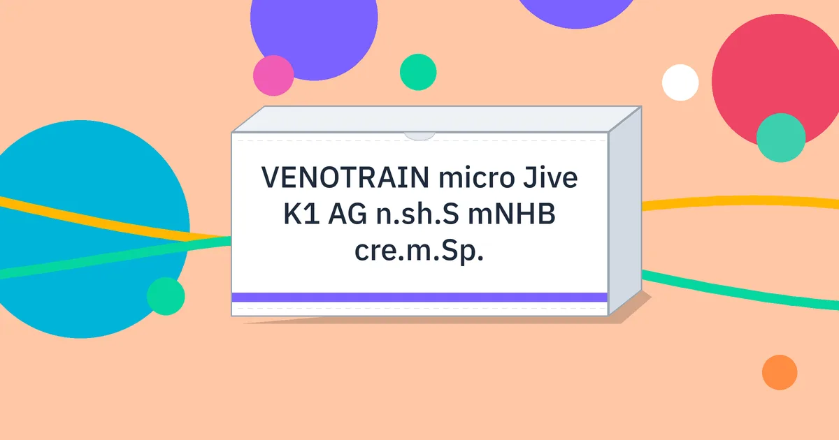 Symbolbild: Packung mit der Aufschrift VENOTRAIN micro Jive K1 AG n.sh.S mNHB cre.m.Sp. (PZN 17757813) – Verfügbarkeit und Bezug in Apotheken in Frankfurt am Main