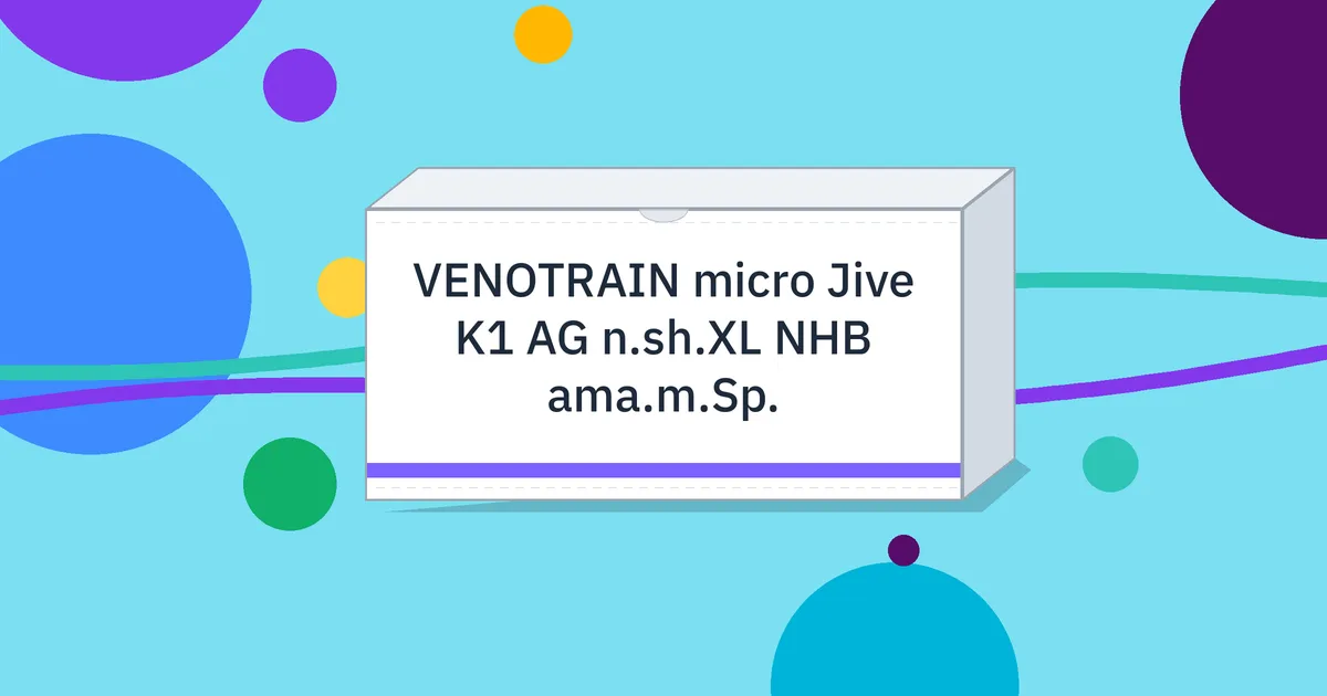 Symbolbild: Packung mit der Aufschrift VENOTRAIN micro Jive K1 AG n.sh.XL NHB ama.m.Sp. (PZN 17764931) – Verfügbarkeit und Bezug in Apotheken in Frankfurt am Main