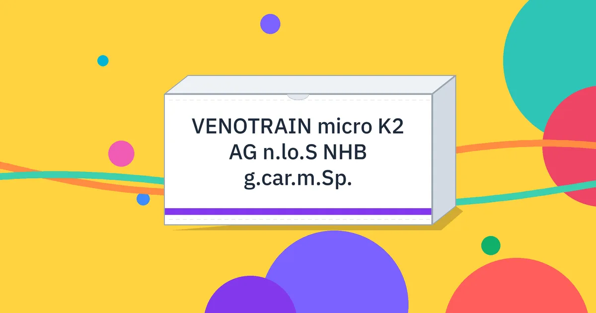Symbolbild: Packung mit der Aufschrift VENOTRAIN micro K2 AG n.lo.S NHB g.car.m.Sp. (PZN 05999379) – Verfügbarkeit und Bezug in Apotheken in Frankfurt am Main