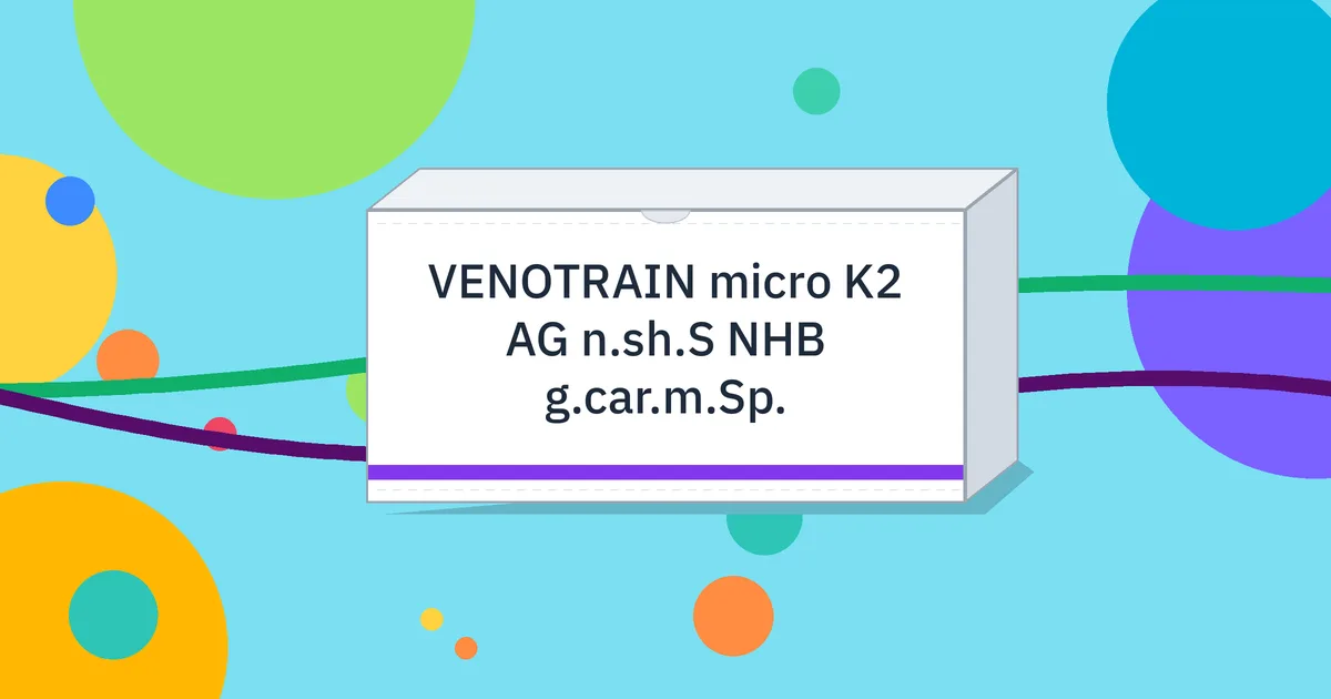 Symbolbild: Packung mit der Aufschrift VENOTRAIN micro K2 AG n.sh.S NHB g.car.m.Sp. (PZN 05999327) – Verfügbarkeit und Bezug in Apotheken in Frankfurt am Main