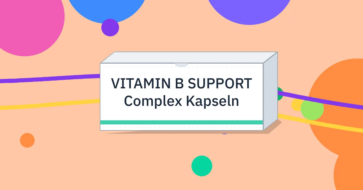 Symbolbild: Packung mit der Aufschrift VITAMIN B SUPPORT Complex Kapseln (PZN 19636551) – Verfügbarkeit und Bezug in Apotheken in Frankfurt am Main