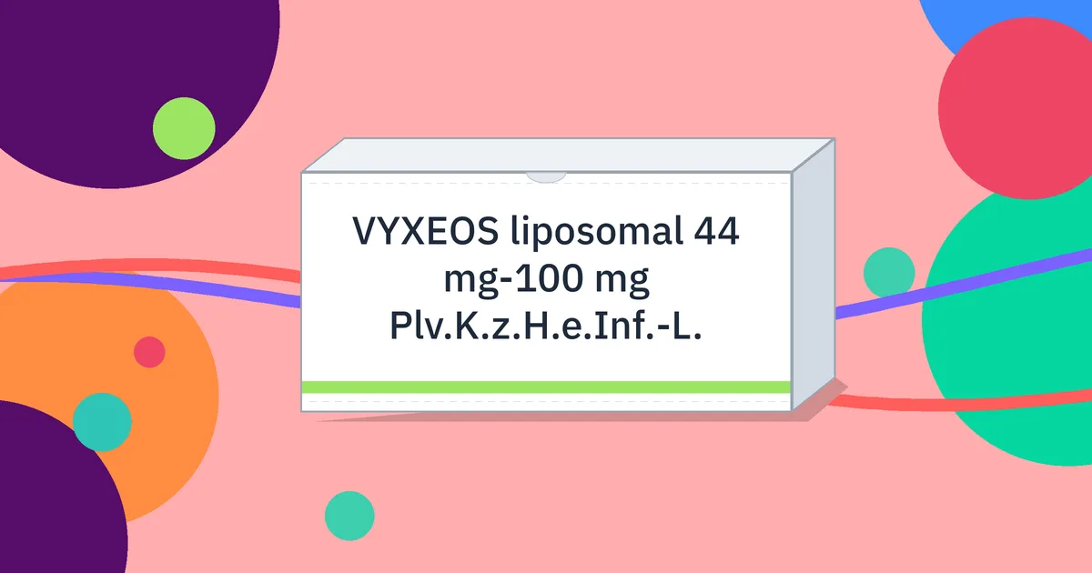 Symbolbild: Packung mit der Aufschrift VYXEOS liposomal 44 mg-100 mg Plv.K.z.H.e.Inf.-L. (PZN 16260358) – Verfügbarkeit und Bezug in Apotheken in Frankfurt am Main