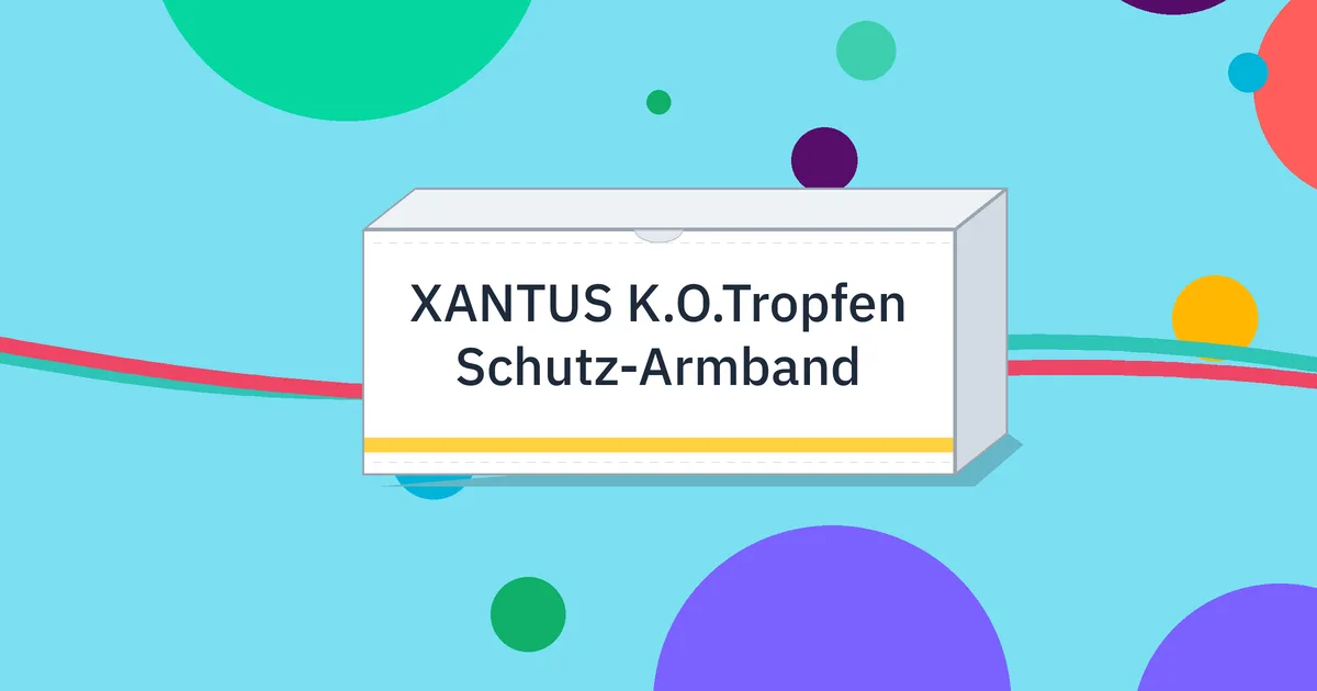 Symbolbild: Packung mit der Aufschrift XANTUS K.O.Tropfen Schutz-Armband (PZN 16224428) – Verfügbarkeit und Bezug in Apotheken in Frankfurt am Main