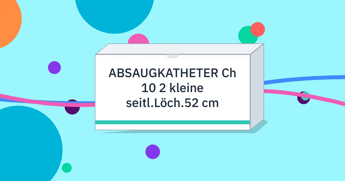 Symbolbild: Packung mit der Aufschrift ABSAUGKATHETER Ch 10 2 kleine seitl.Löch.52 cm (PZN 09091808) – Verfügbarkeit und Bezug in Apotheken in Frankfurt am Main