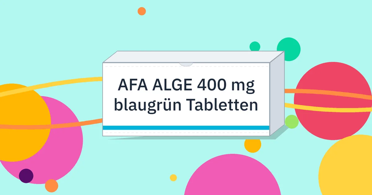 Symbolbild: Packung mit der Aufschrift AFA ALGE 400 mg blaugrün Tabletten (PZN 00548844) – Verfügbarkeit und Bezug in Apotheken in Frankfurt am Main