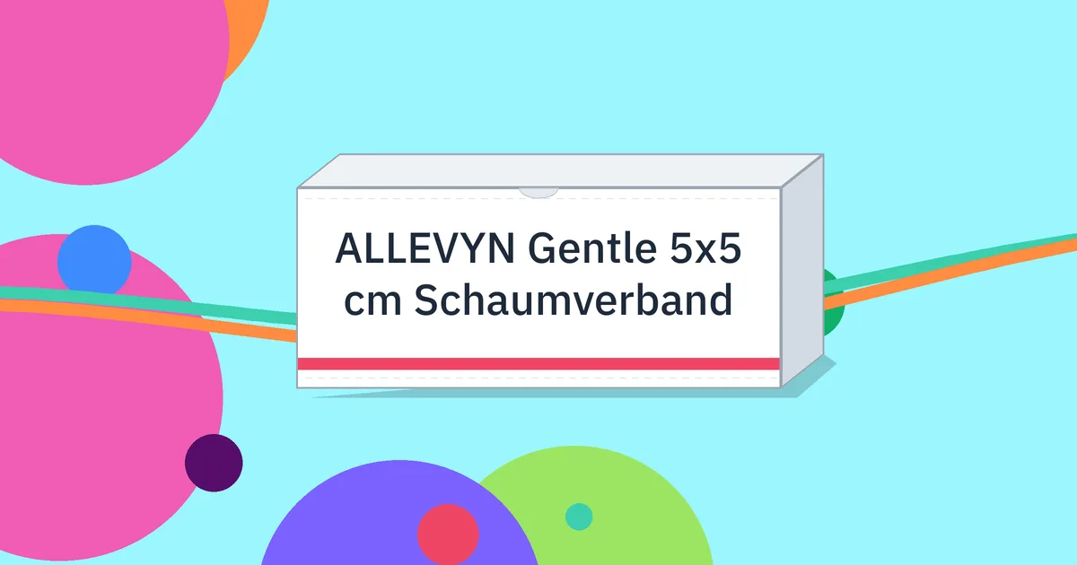 Symbolbild: Packung mit der Aufschrift ALLEVYN Gentle 5x5 cm Schaumverband (PZN 19904750) – Verfügbarkeit und Bezug in Apotheken in Frankfurt am Main