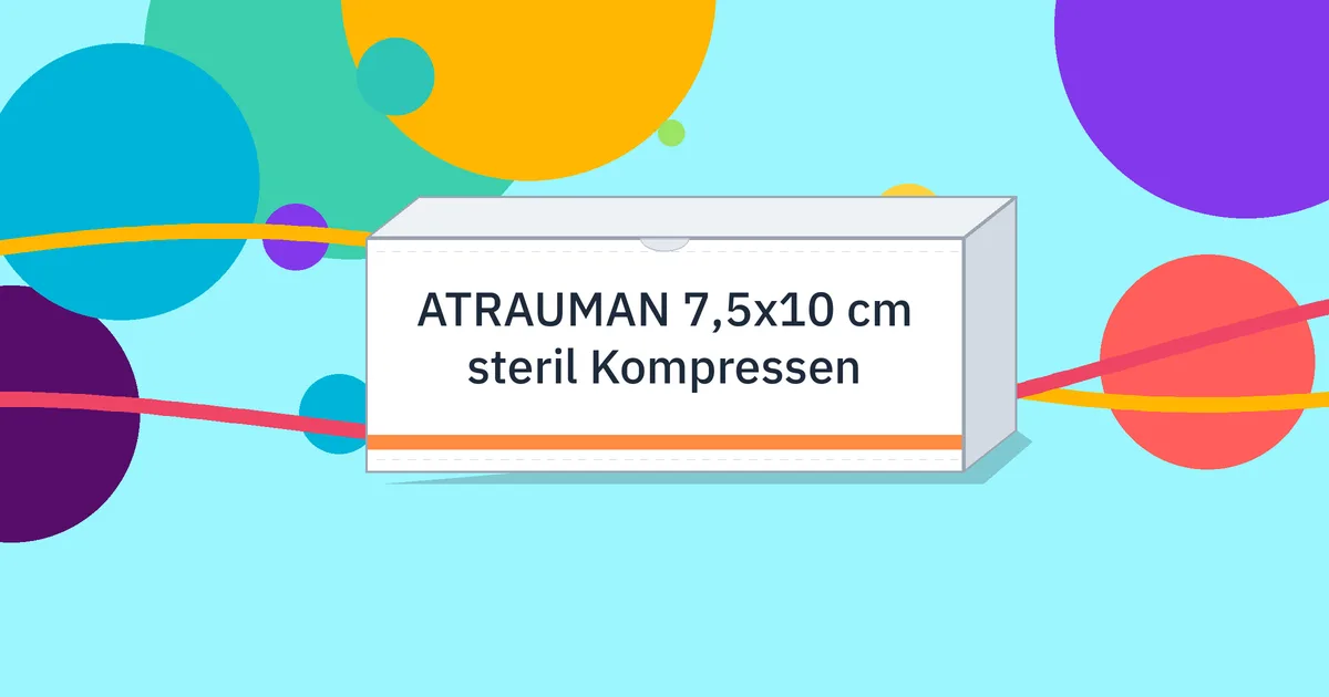 Symbolbild: Packung mit der Aufschrift ATRAUMAN 7,5x10 cm steril Kompressen (PZN 19698693) – Verfügbarkeit und Bezug in Apotheken in Frankfurt am Main