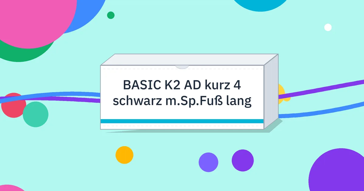 Symbolbild: Packung mit der Aufschrift BASIC K2 AD kurz 4 schwarz m.Sp.Fuß lang (PZN 20264764) – Verfügbarkeit und Bezug in Apotheken in Frankfurt am Main