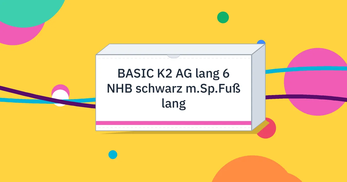 Symbolbild: Packung mit der Aufschrift BASIC K2 AG lang 6 NHB schwarz m.Sp.Fuß lang (PZN 20268265) – Verfügbarkeit und Bezug in Apotheken in Frankfurt am Main