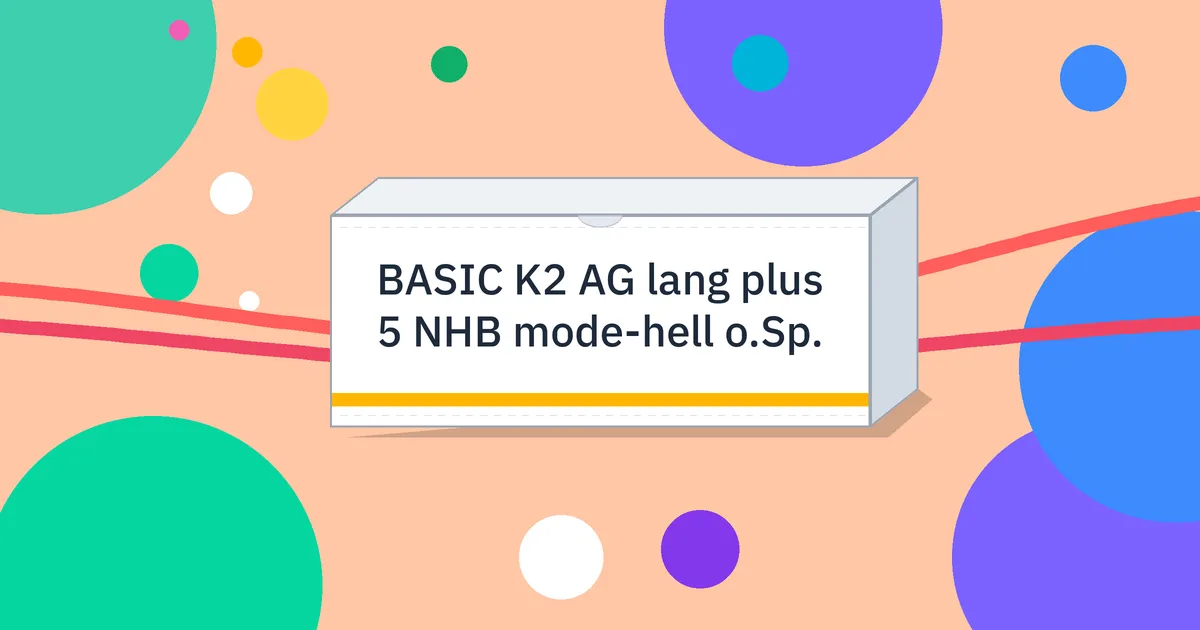 Symbolbild: Packung mit der Aufschrift BASIC K2 AG lang plus 5 NHB mode-hell o.Sp. (PZN 20268029) – Verfügbarkeit und Bezug in Apotheken in Frankfurt am Main