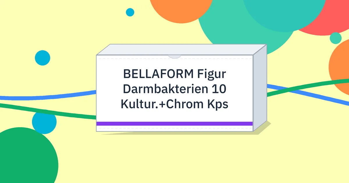 Symbolbild: Packung mit der Aufschrift BELLAFORM Figur Darmbakterien 10 Kultur.+Chrom Kps (PZN 17923281) – Verfügbarkeit und Bezug in Apotheken in Frankfurt am Main