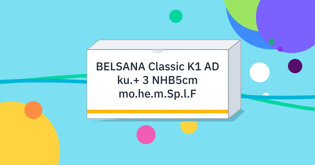 Symbolbild: Packung mit der Aufschrift BELSANA Classic K1 AD ku.+ 3 NHB5cm mo.he.m.Sp.l.F (PZN 19255518) – Verfügbarkeit und Bezug in Apotheken in Frankfurt am Main