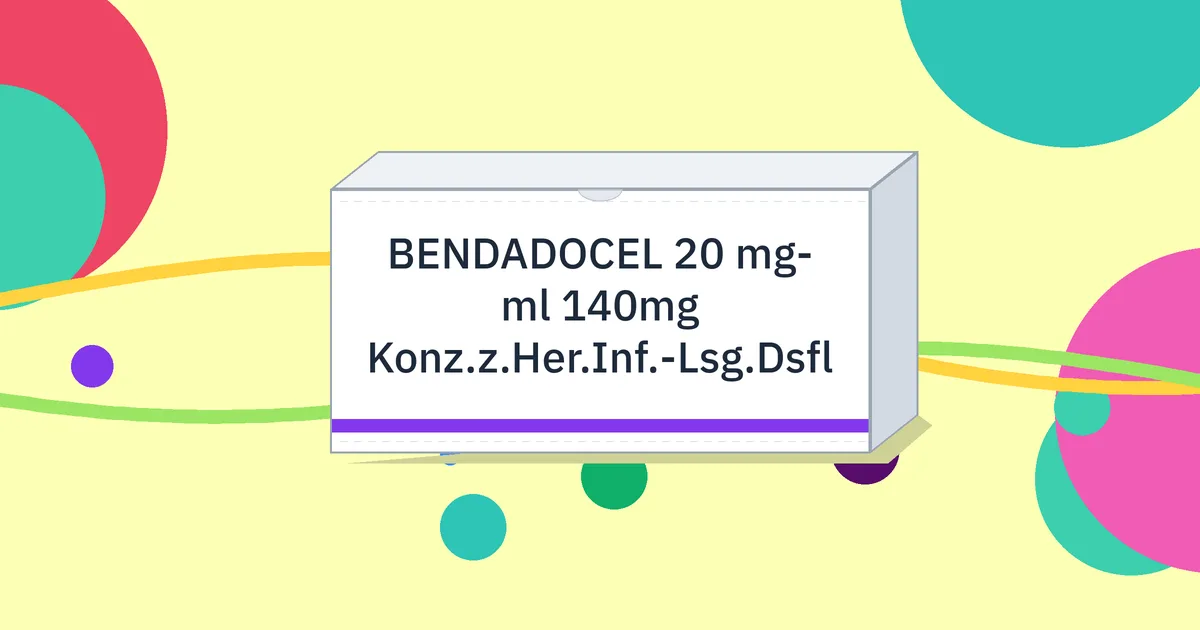 Symbolbild: Packung mit der Aufschrift BENDADOCEL 20 mg-ml 140mg Konz.z.Her.Inf.-Lsg.Dsfl (PZN 08794519) – Verfügbarkeit und Bezug in Apotheken in Frankfurt am Main