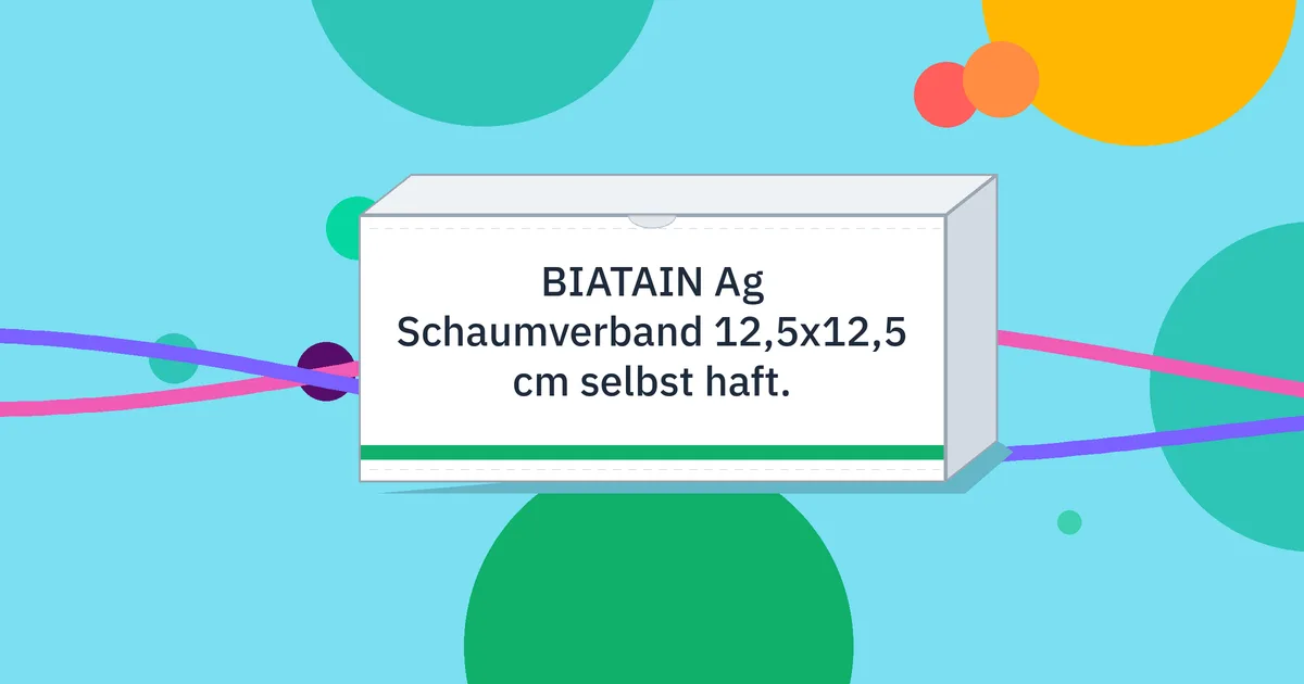 Symbolbild: Packung mit der Aufschrift BIATAIN Ag Schaumverband 12,5x12,5 cm selbst haft. (PZN 14331410) – Verfügbarkeit und Bezug in Apotheken in Frankfurt am Main