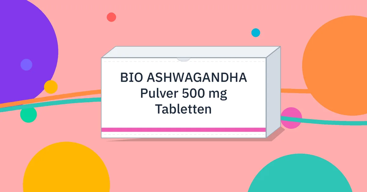 Symbolbild: Packung mit der Aufschrift BIO ASHWAGANDHA Pulver 500 mg Tabletten (PZN 11109378) – Verfügbarkeit und Bezug in Apotheken in Frankfurt am Main