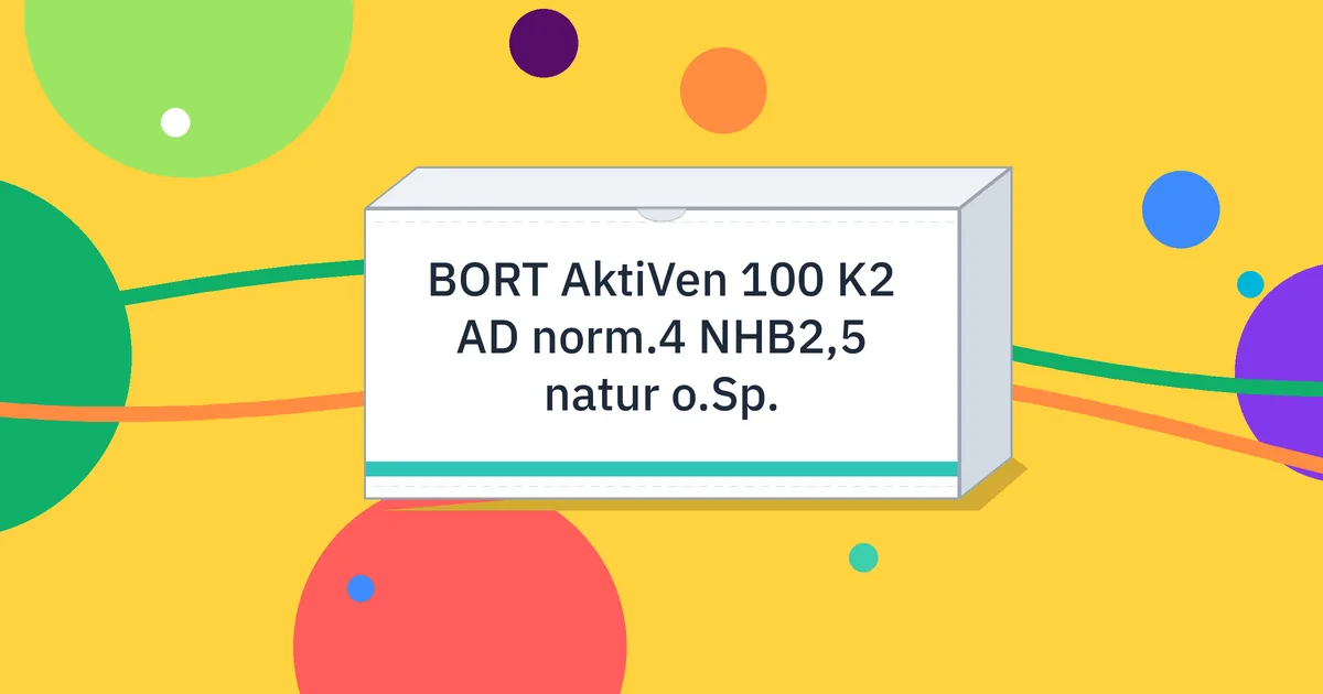Symbolbild: Packung mit der Aufschrift BORT AktiVen 100 K2 AD norm.4 NHB2,5 natur o.Sp. (PZN 17498599) – Verfügbarkeit und Bezug in Apotheken in Frankfurt am Main