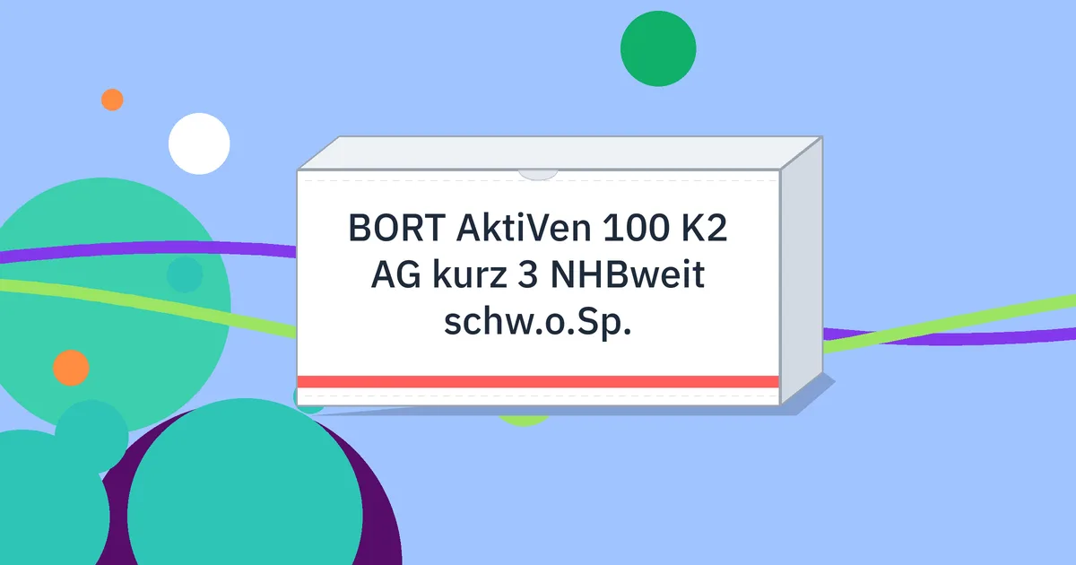 Symbolbild: Packung mit der Aufschrift BORT AktiVen 100 K2 AG kurz 3 NHBweit schw.o.Sp. (PZN 14387474) – Verfügbarkeit und Bezug in Apotheken in Frankfurt am Main