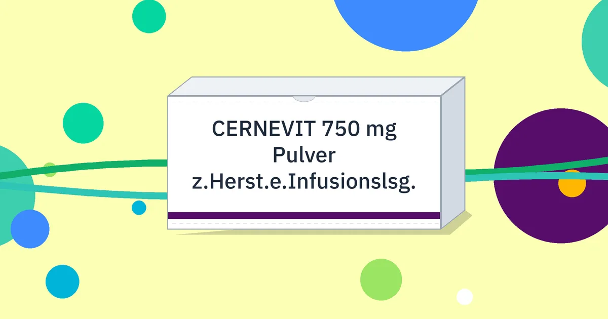 Symbolbild: Packung mit der Aufschrift CERNEVIT 750 mg Pulver z.Herst.e.Infusionslsg. (PZN 14357208) – Verfügbarkeit und Bezug in Apotheken in Frankfurt am Main