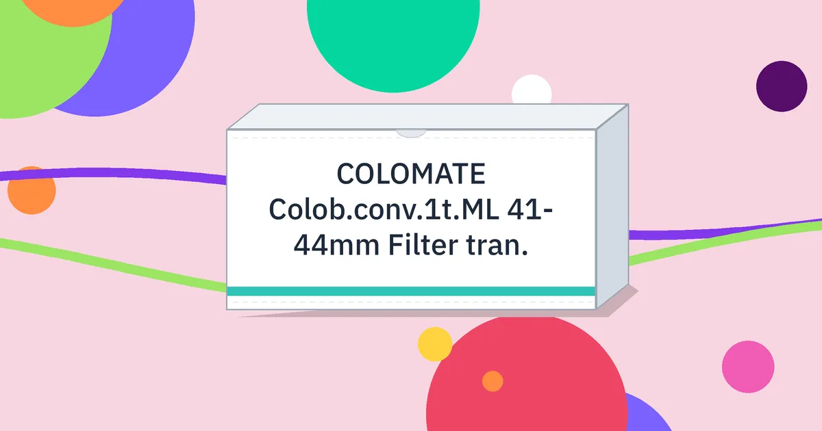 Symbolbild: Packung mit der Aufschrift COLOMATE Colob.conv.1t.ML 41-44mm Filter tran. (PZN 03374327) – Verfügbarkeit und Bezug in Apotheken in Frankfurt am Main