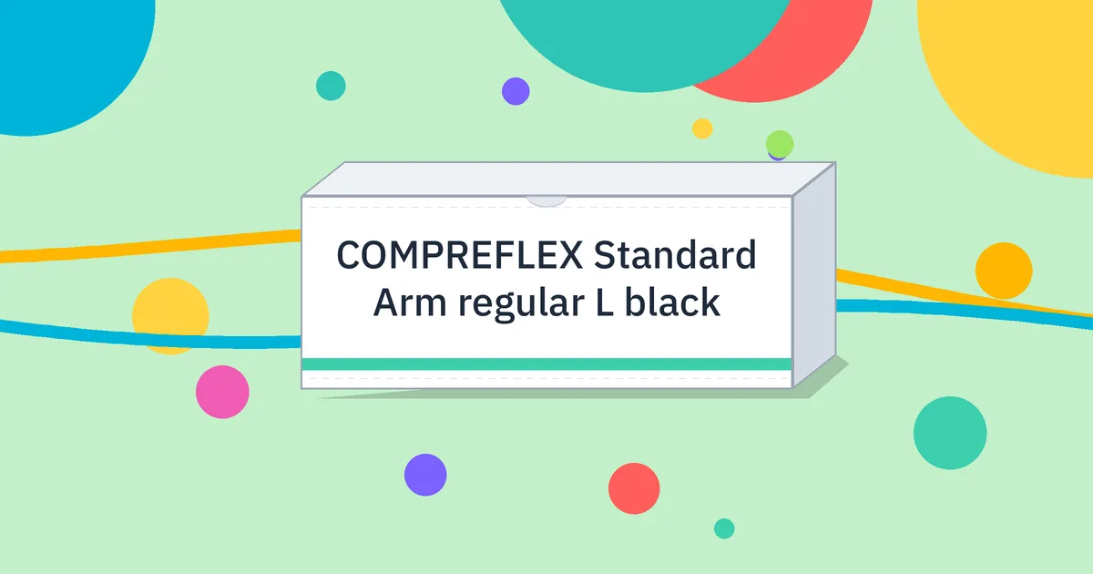 Symbolbild: Packung mit der Aufschrift COMPREFLEX Standard Arm regular L black (PZN 19535442) – Verfügbarkeit und Bezug in Apotheken in Frankfurt am Main
