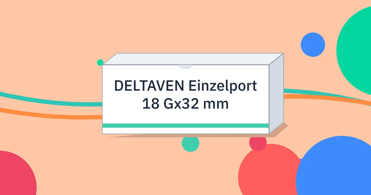 Symbolbild: Packung mit der Aufschrift DELTAVEN Einzelport 18 Gx32 mm (PZN 20365229) – Verfügbarkeit und Bezug in Apotheken in Frankfurt am Main