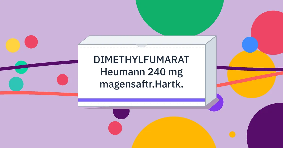 Symbolbild: Packung mit der Aufschrift DIMETHYLFUMARAT Heumann 240 mg magensaftr.Hartk. (PZN 18165262) – Verfügbarkeit und Bezug in Apotheken in Frankfurt am Main