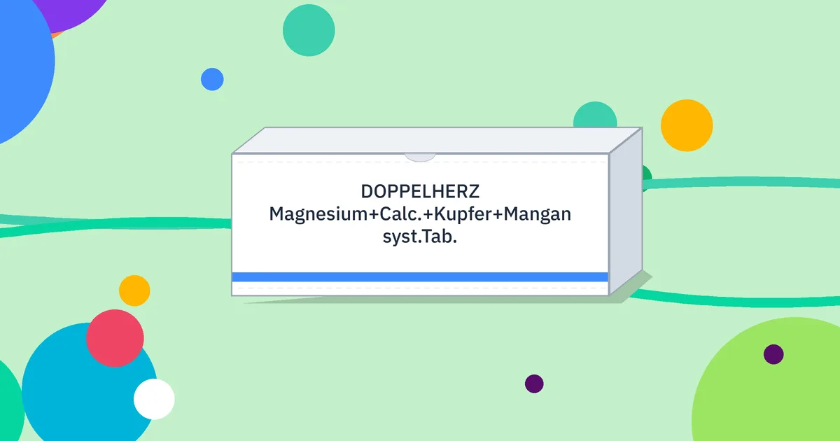 Symbolbild: Packung mit der Aufschrift DOPPELHERZ Magnesium+Calc.+Kupfer+Mangan syst.Tab. (PZN 05918470) – Verfügbarkeit und Bezug in Apotheken in Frankfurt am Main