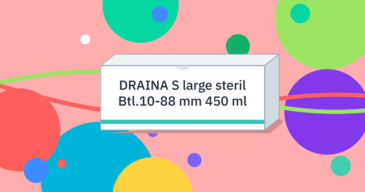 Symbolbild: Packung mit der Aufschrift DRAINA S large steril Btl.10-88 mm 450 ml (PZN 04398318) – Verfügbarkeit und Bezug in Apotheken in Frankfurt am Main