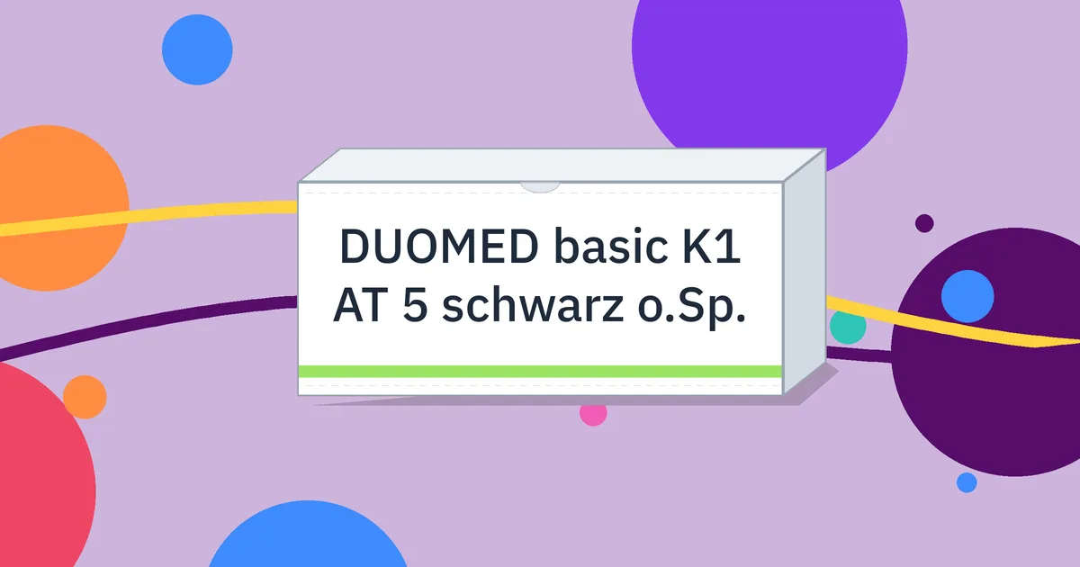 Symbolbild: Packung mit der Aufschrift DUOMED basic K1 AT 5 schwarz o.Sp. (PZN 20902710) – Verfügbarkeit und Bezug in Apotheken in Frankfurt am Main