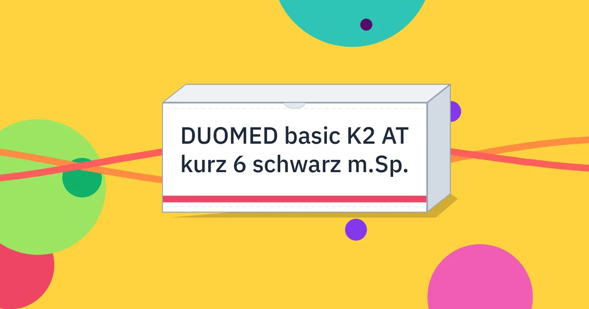 Symbolbild: Packung mit der Aufschrift DUOMED basic K2 AT kurz 6 schwarz m.Sp. (PZN 20906553) – Verfügbarkeit und Bezug in Apotheken in Frankfurt am Main