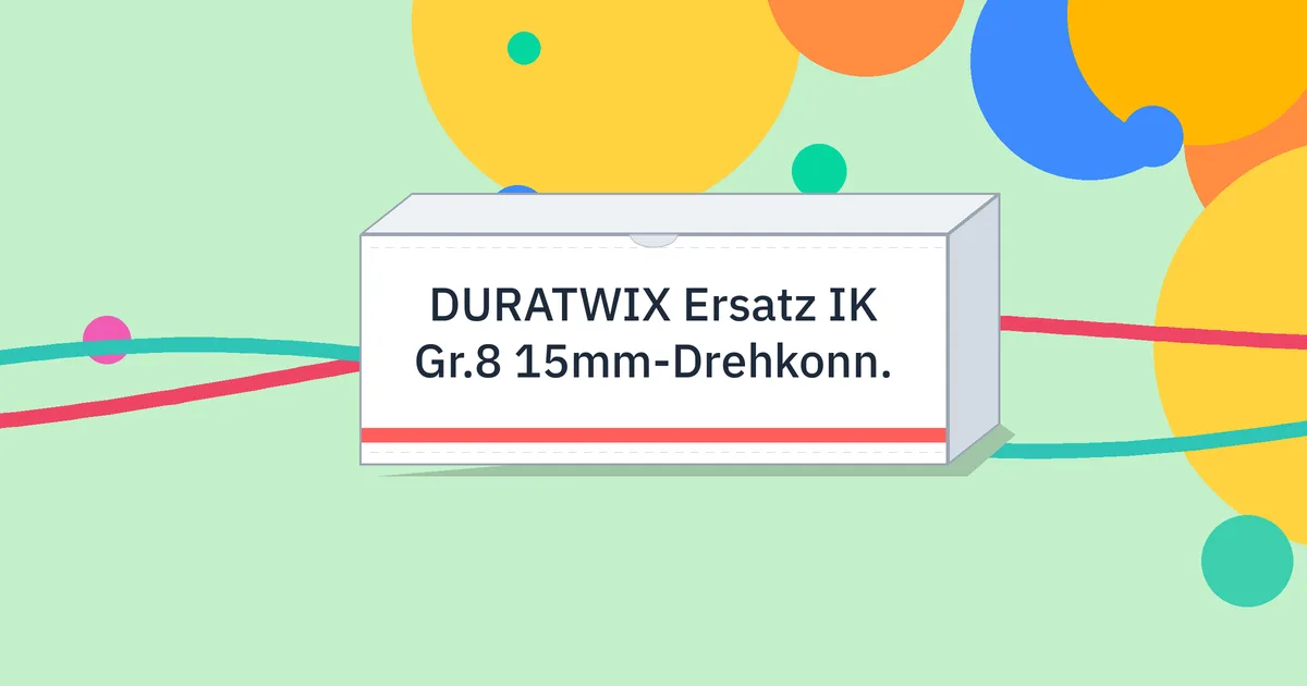 Symbolbild: Packung mit der Aufschrift DURATWIX Ersatz IK Gr.8 15mm-Drehkonn. (PZN 06976771) – Verfügbarkeit und Bezug in Apotheken in Frankfurt am Main