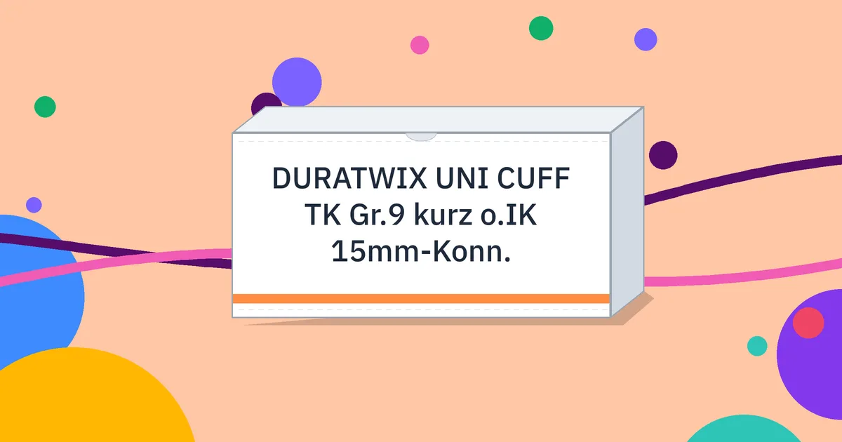Symbolbild: Packung mit der Aufschrift DURATWIX UNI CUFF TK Gr.9 kurz o.IK 15mm-Konn. (PZN 06965129) – Verfügbarkeit und Bezug in Apotheken in Frankfurt am Main