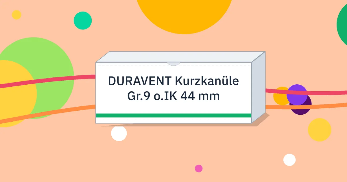 Symbolbild: Packung mit der Aufschrift DURAVENT Kurzkanüle Gr.9 o.IK 44 mm (PZN 04461465) – Verfügbarkeit und Bezug in Apotheken in Frankfurt am Main