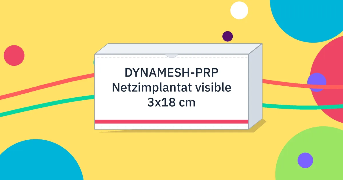Symbolbild: Packung mit der Aufschrift DYNAMESH-PRP Netzimplantat visible 3x18 cm (PZN 19390357) – Verfügbarkeit und Bezug in Apotheken in Frankfurt am Main