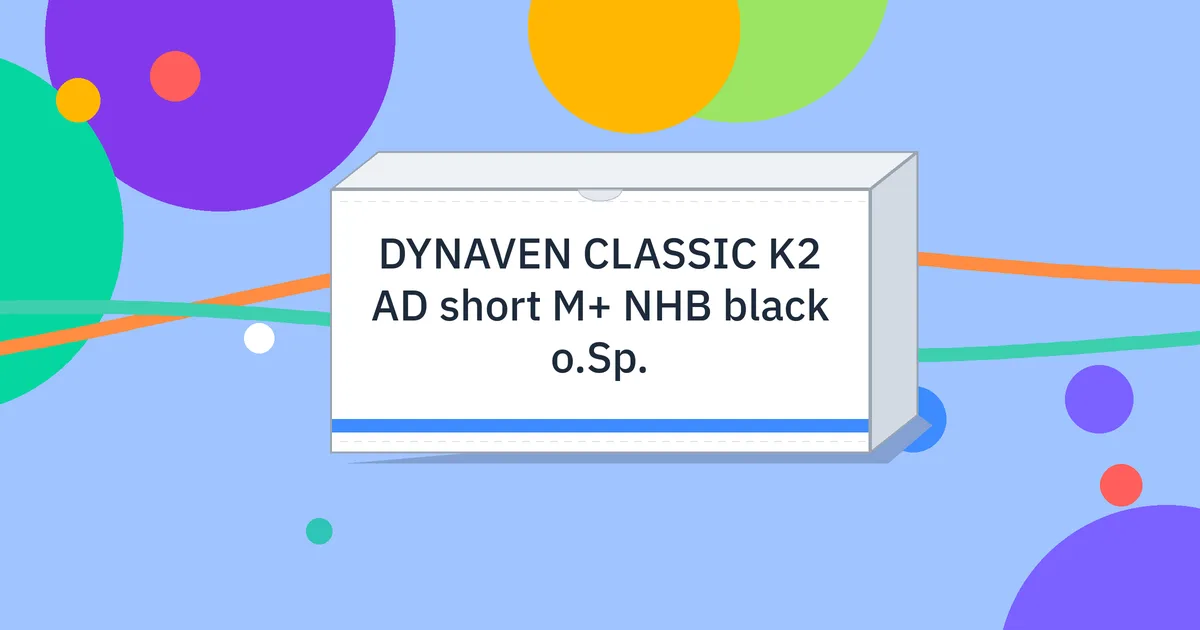 Symbolbild: Packung mit der Aufschrift DYNAVEN CLASSIC K2 AD short M+ NHB black o.Sp. (PZN 18417462) – Verfügbarkeit und Bezug in Apotheken in Frankfurt am Main