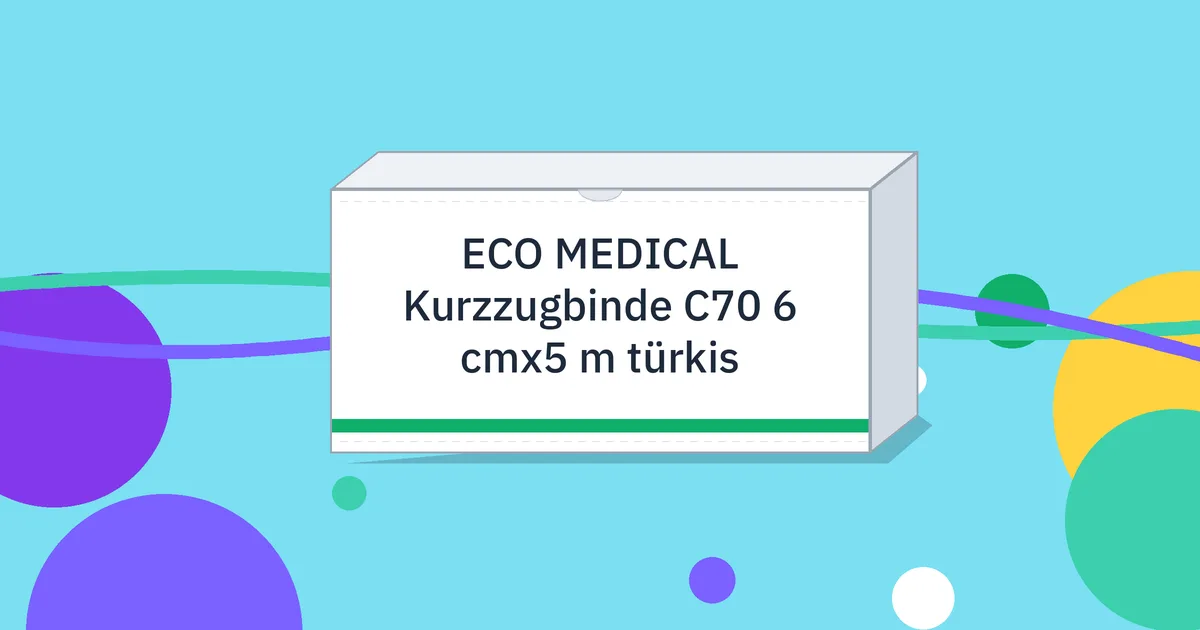 Symbolbild: Packung mit der Aufschrift ECO MEDICAL Kurzzugbinde C70 6 cmx5 m türkis (PZN 14189745) – Verfügbarkeit und Bezug in Apotheken in Frankfurt am Main