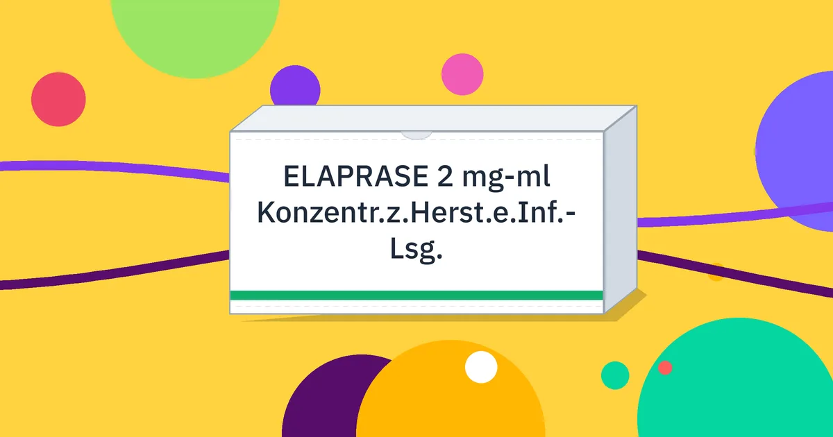 Symbolbild: Packung mit der Aufschrift ELAPRASE 2 mg-ml Konzentr.z.Herst.e.Inf.-Lsg. (PZN 02328118) – Verfügbarkeit und Bezug in Apotheken in Frankfurt am Main