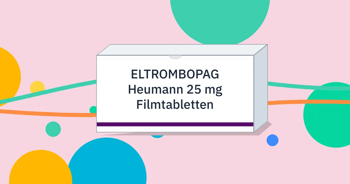 Symbolbild: Packung mit der Aufschrift ELTROMBOPAG Heumann 25 mg Filmtabletten (PZN 19421187) – Verfügbarkeit und Bezug in Apotheken in Frankfurt am Main