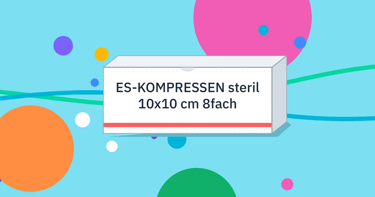 Symbolbild: Packung mit der Aufschrift ES-KOMPRESSEN steril 10x10 cm 8fach (PZN 19745783) – Verfügbarkeit und Bezug in Apotheken in Frankfurt am Main
