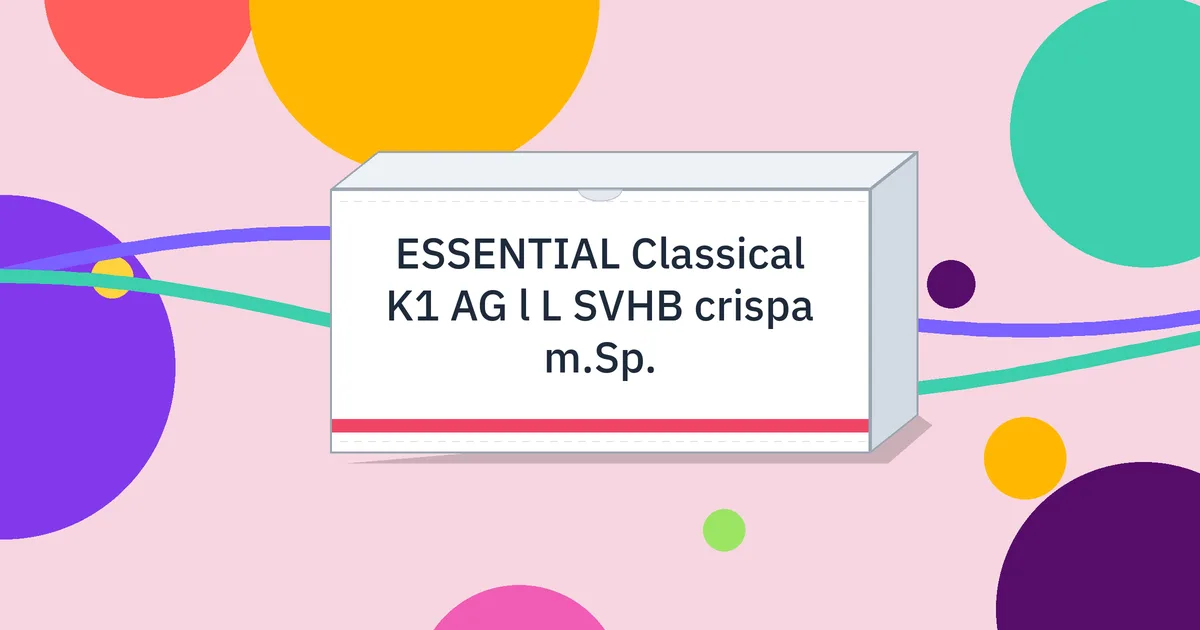 Symbolbild: Packung mit der Aufschrift ESSENTIAL Classical K1 AG l L SVHB crispa m.Sp. (PZN 18420843) – Verfügbarkeit und Bezug in Apotheken in Frankfurt am Main