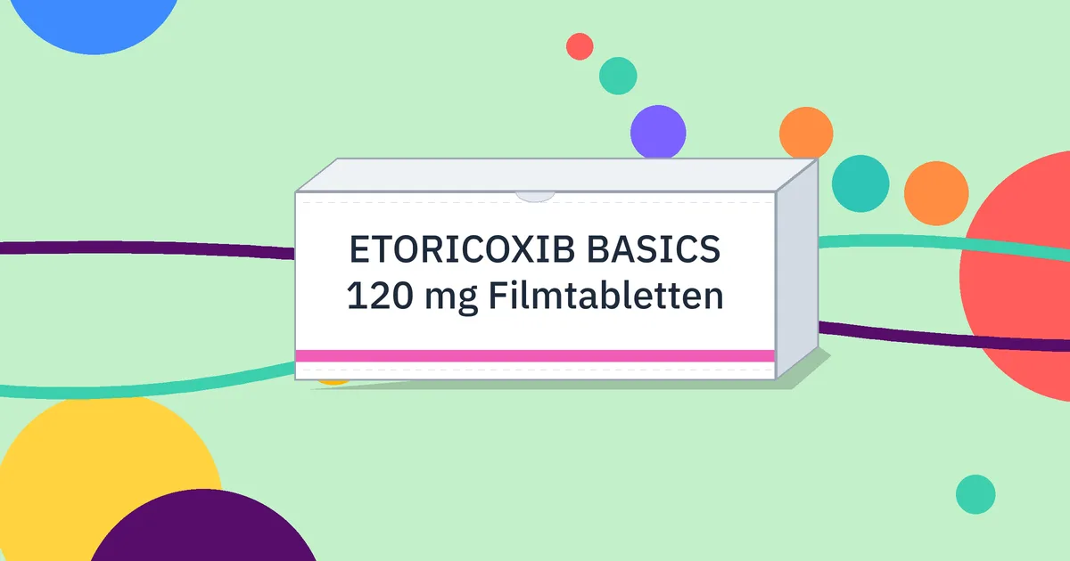 Symbolbild: Packung mit der Aufschrift ETORICOXIB BASICS 120 mg Filmtabletten (PZN 17668601) – Verfügbarkeit und Bezug in Apotheken in Frankfurt am Main