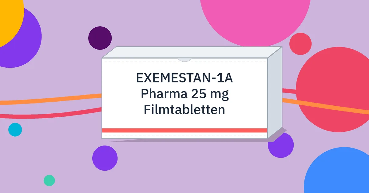 Symbolbild: Packung mit der Aufschrift EXEMESTAN-1A Pharma 25 mg Filmtabletten (PZN 09542435) – Verfügbarkeit und Bezug in Apotheken in Frankfurt am Main