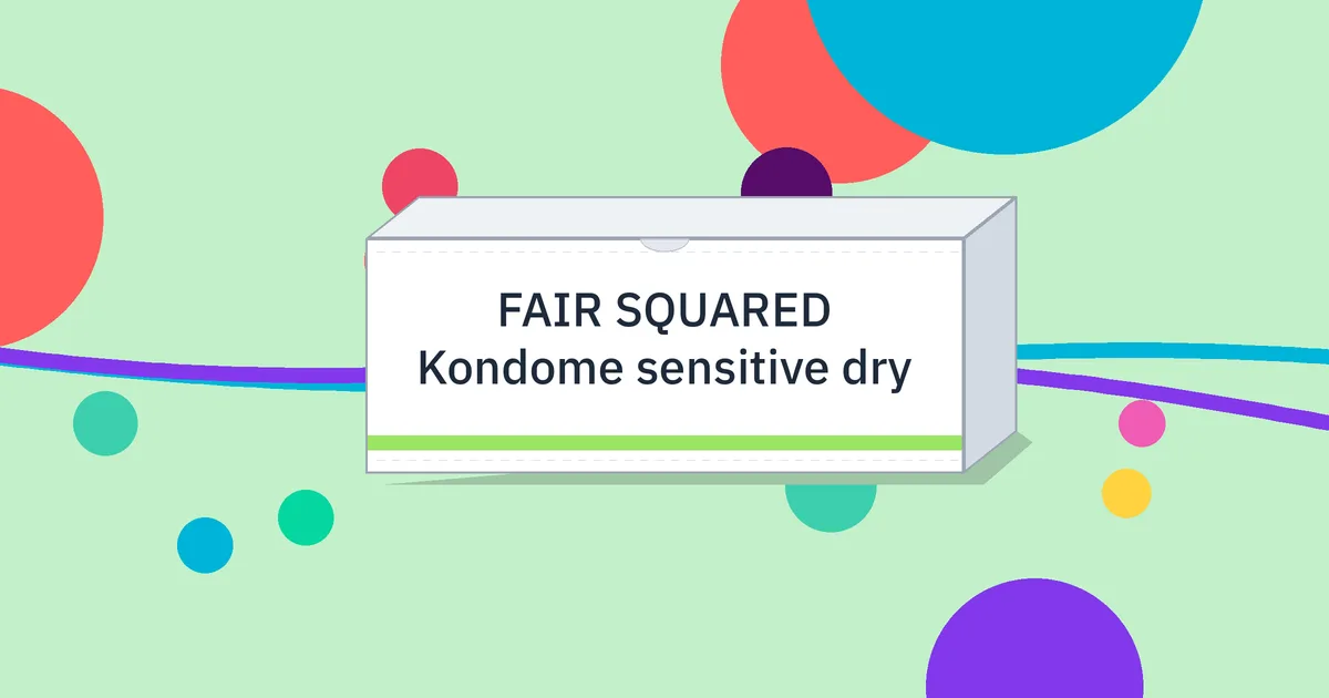 Symbolbild: Packung mit der Aufschrift FAIR SQUARED Kondome sensitive dry (PZN 11483266) – Verfügbarkeit und Bezug in Apotheken in Frankfurt am Main