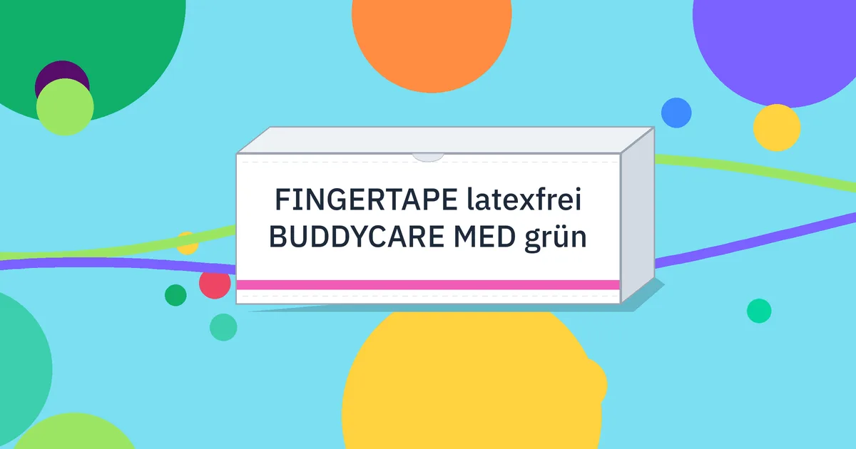 Symbolbild: Packung mit der Aufschrift FINGERTAPE latexfrei BUDDYCARE MED grün (PZN 13925076) – Verfügbarkeit und Bezug in Apotheken in Frankfurt am Main