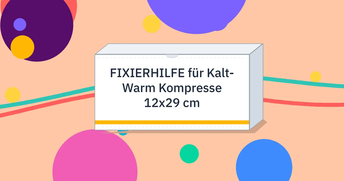 Symbolbild: Packung mit der Aufschrift FIXIERHILFE für Kalt-Warm Kompresse 12x29 cm (PZN 11886490) – Verfügbarkeit und Bezug in Apotheken in Frankfurt am Main