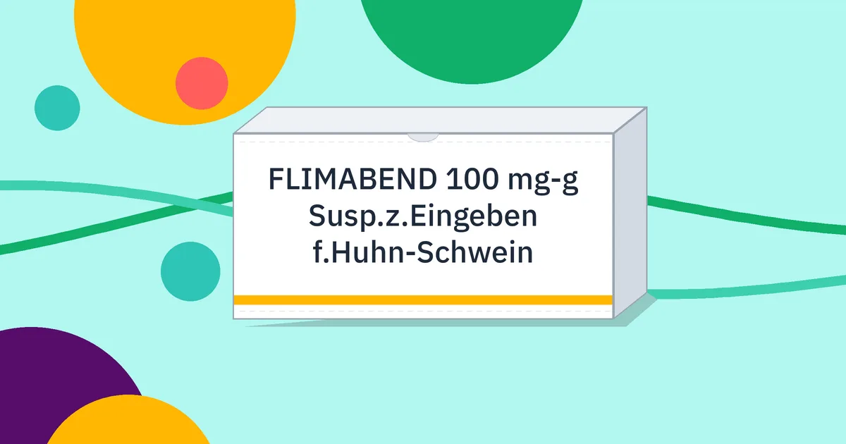 Symbolbild: Packung mit der Aufschrift FLIMABEND 100 mg-g Susp.z.Eingeben f.Huhn-Schwein (PZN 10231605) – Verfügbarkeit und Bezug in Apotheken in Frankfurt am Main