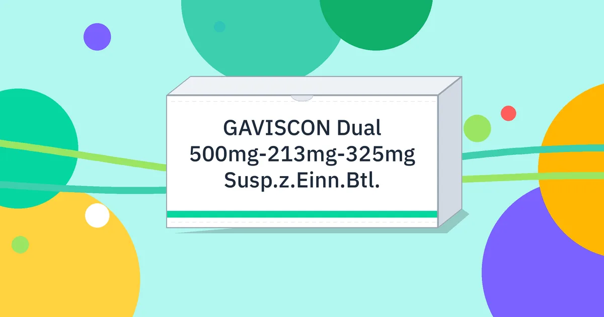 Symbolbild: Packung mit der Aufschrift GAVISCON Dual 500mg-213mg-325mg Susp.z.Einn.Btl. (PZN 16511079) – Verfügbarkeit und Bezug in Apotheken in Frankfurt am Main