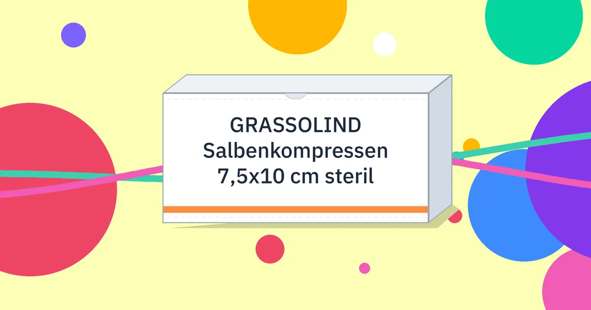 Symbolbild: Packung mit der Aufschrift GRASSOLIND Salbenkompressen 7,5x10 cm steril (PZN 19701001) – Verfügbarkeit und Bezug in Apotheken in Frankfurt am Main