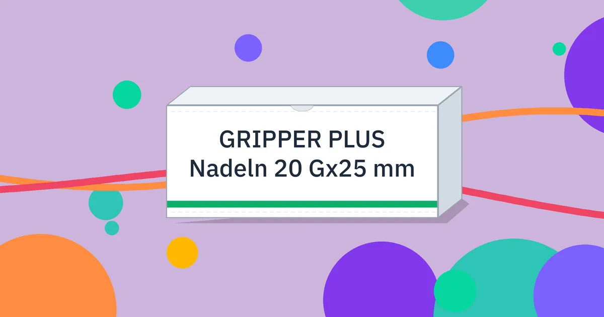 Symbolbild: Packung mit der Aufschrift GRIPPER PLUS Nadeln 20 Gx25 mm (PZN 00108418) – Verfügbarkeit und Bezug in Apotheken in Frankfurt am Main